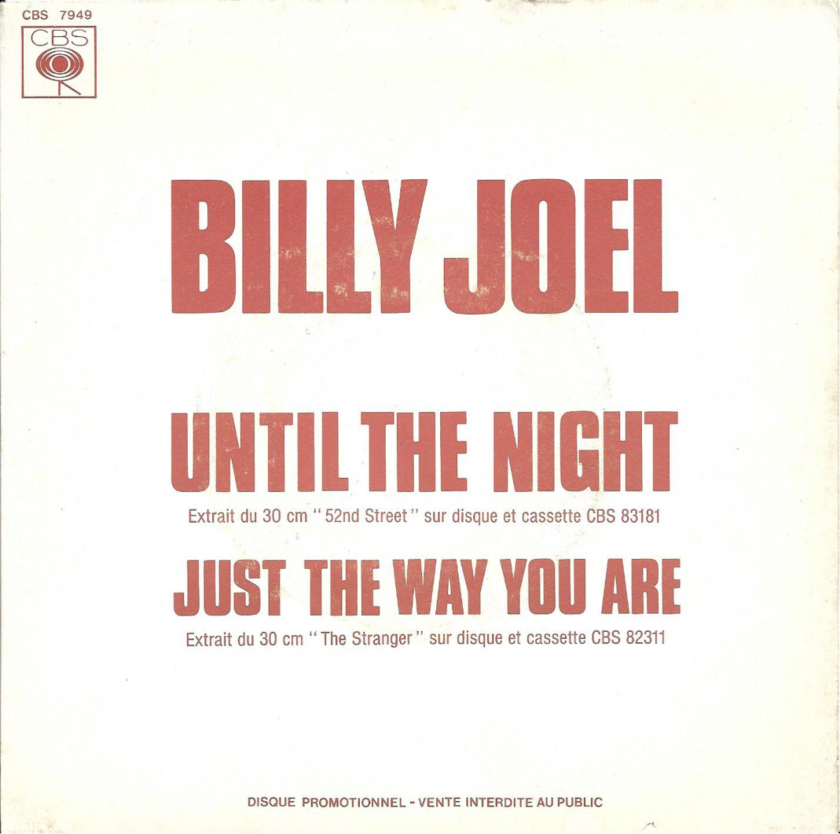 SP 45 RPM (7") Billy Joel " Until the night " Juke-box Promo